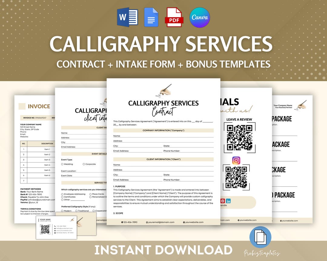 Calligraphy Services Contract Bundle, Calligraphy Agreement ...