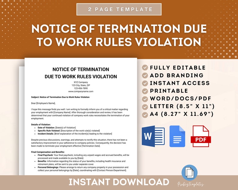 Notice of Termination Due to Work Rules Violation Letter Template ...