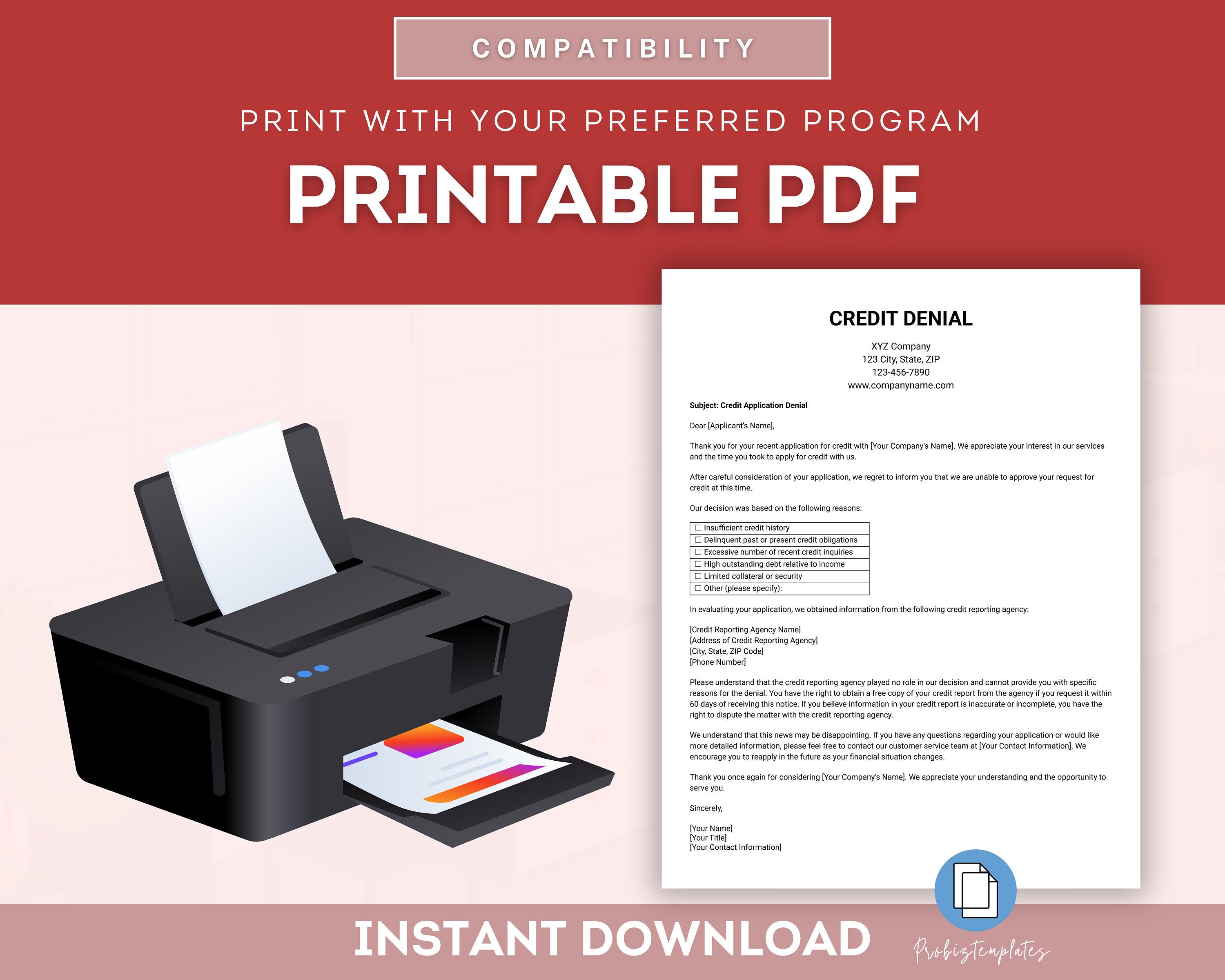 Credit Denial Letter Template, Credit Application Rejection, Loan ...