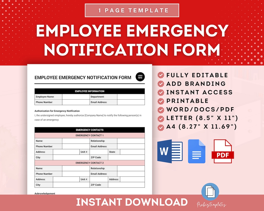 Employee Emergency Notification Form Template, Staff Emergency Contact ...