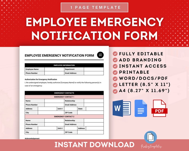 Employee Emergency Notification Form Template, Staff Emergency Contact ...