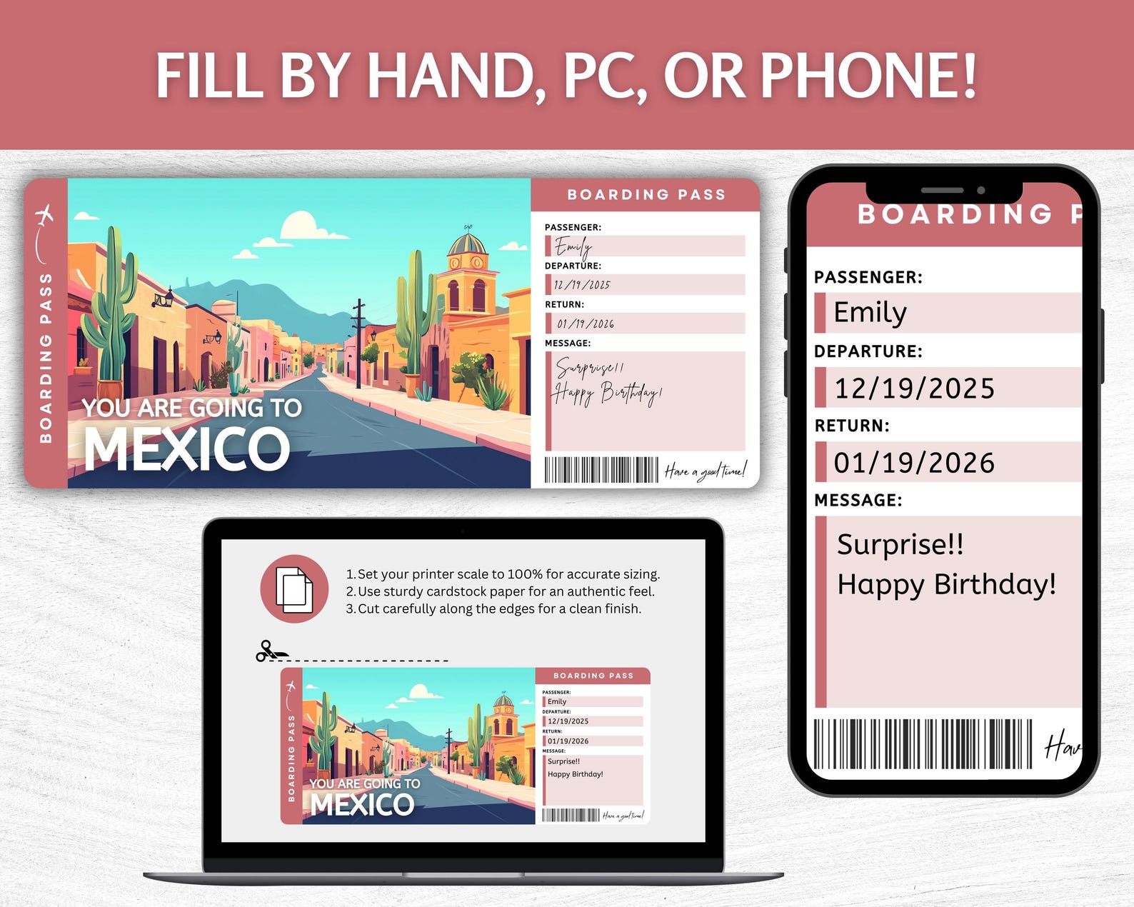 Printable Mexico Surprise Gift Ticket, Editable Cancun Vacation ...
