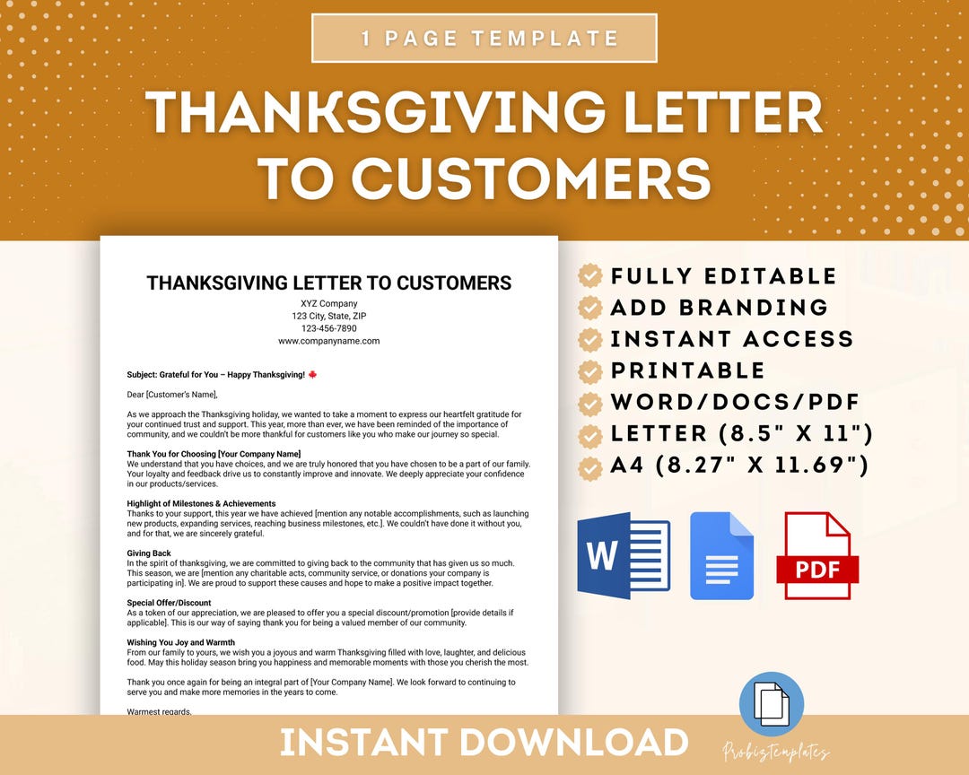 Thanksgiving Letter to Customers, Holiday Thank You Note, Customer ...