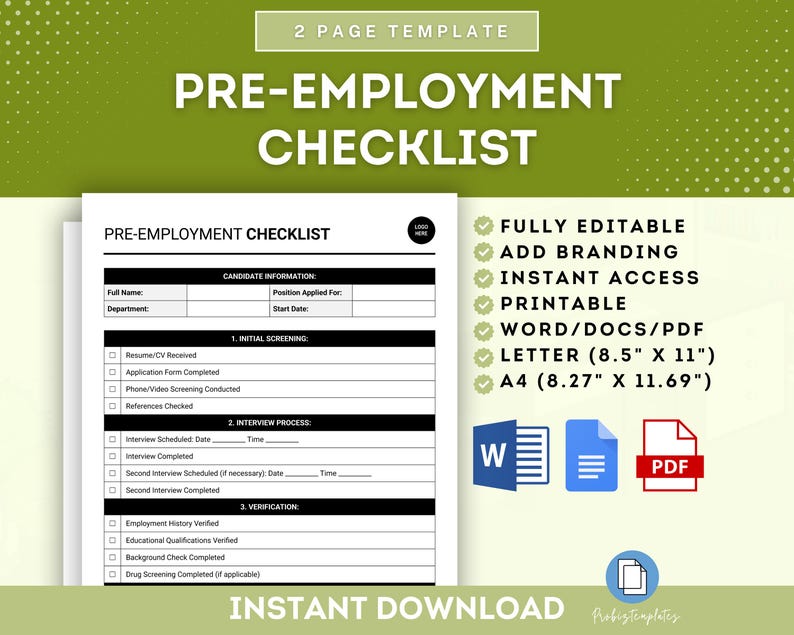Pre-employment Checklist, New Hire Checklist, Employee Onboarding ...