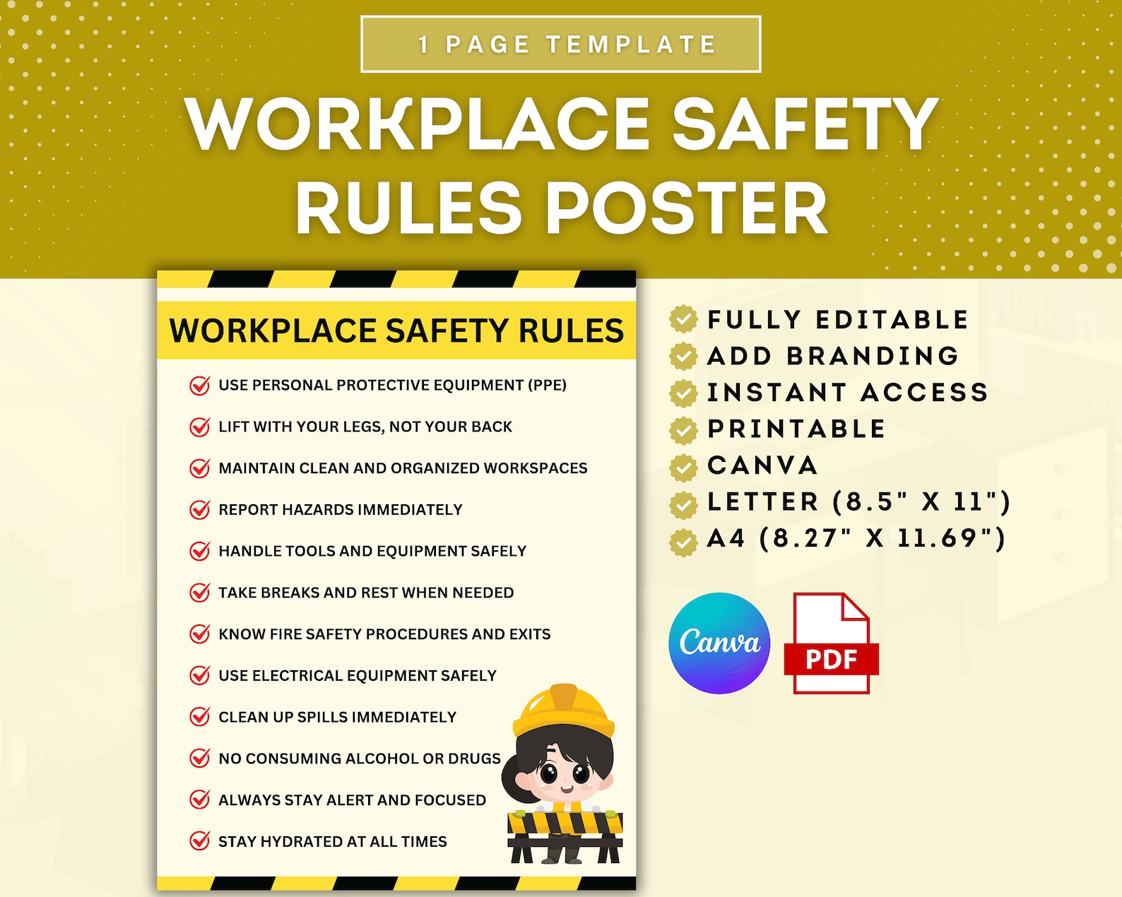 Workplace Safety Rules Poster, Printable Workplace Safety Guidelines ...