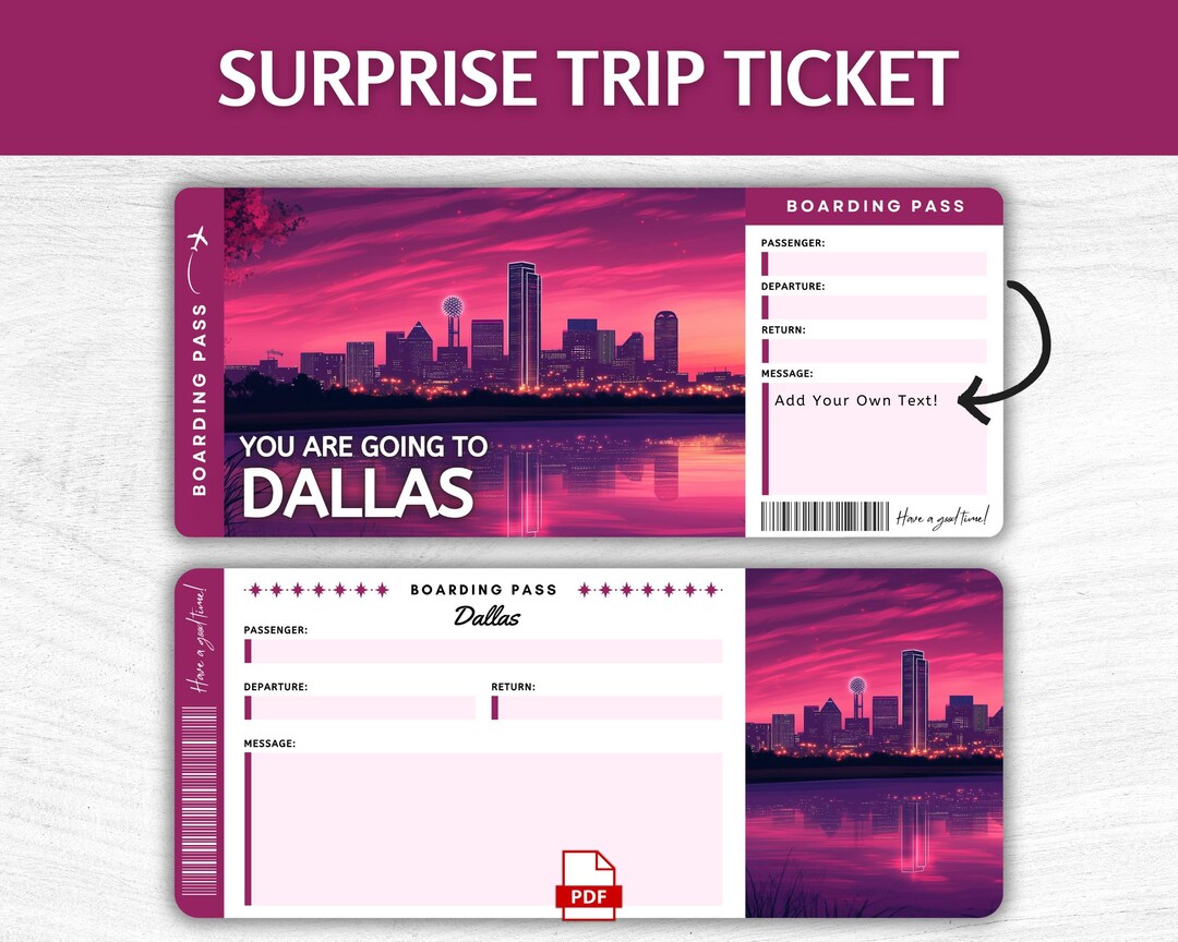Printable Dallas Surprise Gift Ticket, Editable Texas Boarding Pass ...