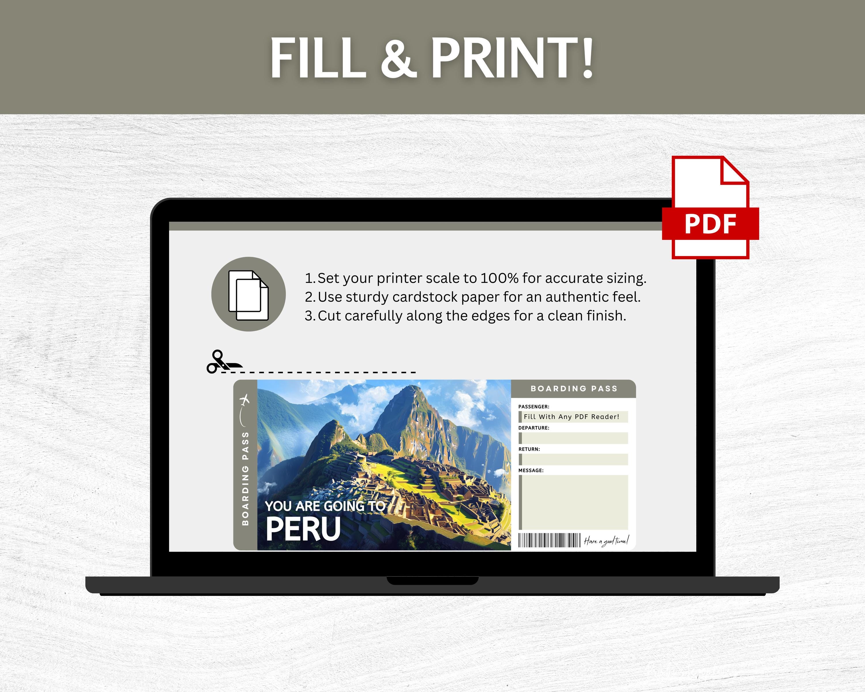 Printable Peru Surprise Gift Ticket, Editable Machu Picchu Boarding ...