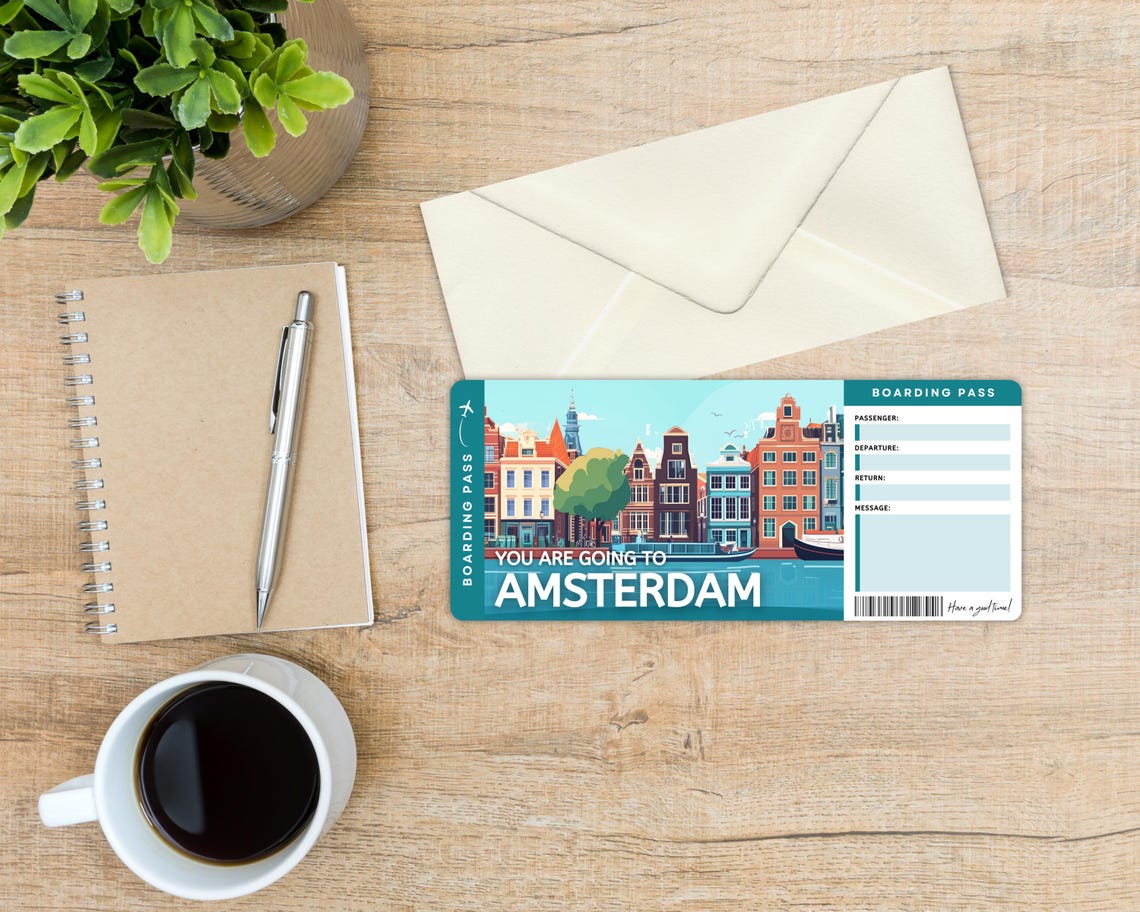 Printable Amsterdam Surprise Gift Ticket, Editable Netherlands Boarding ...