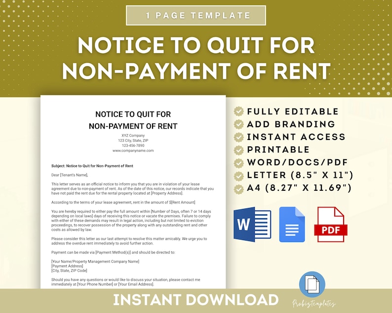 Notice to Quit for Non-payment of Rent Letter, Rent Non-payment ...