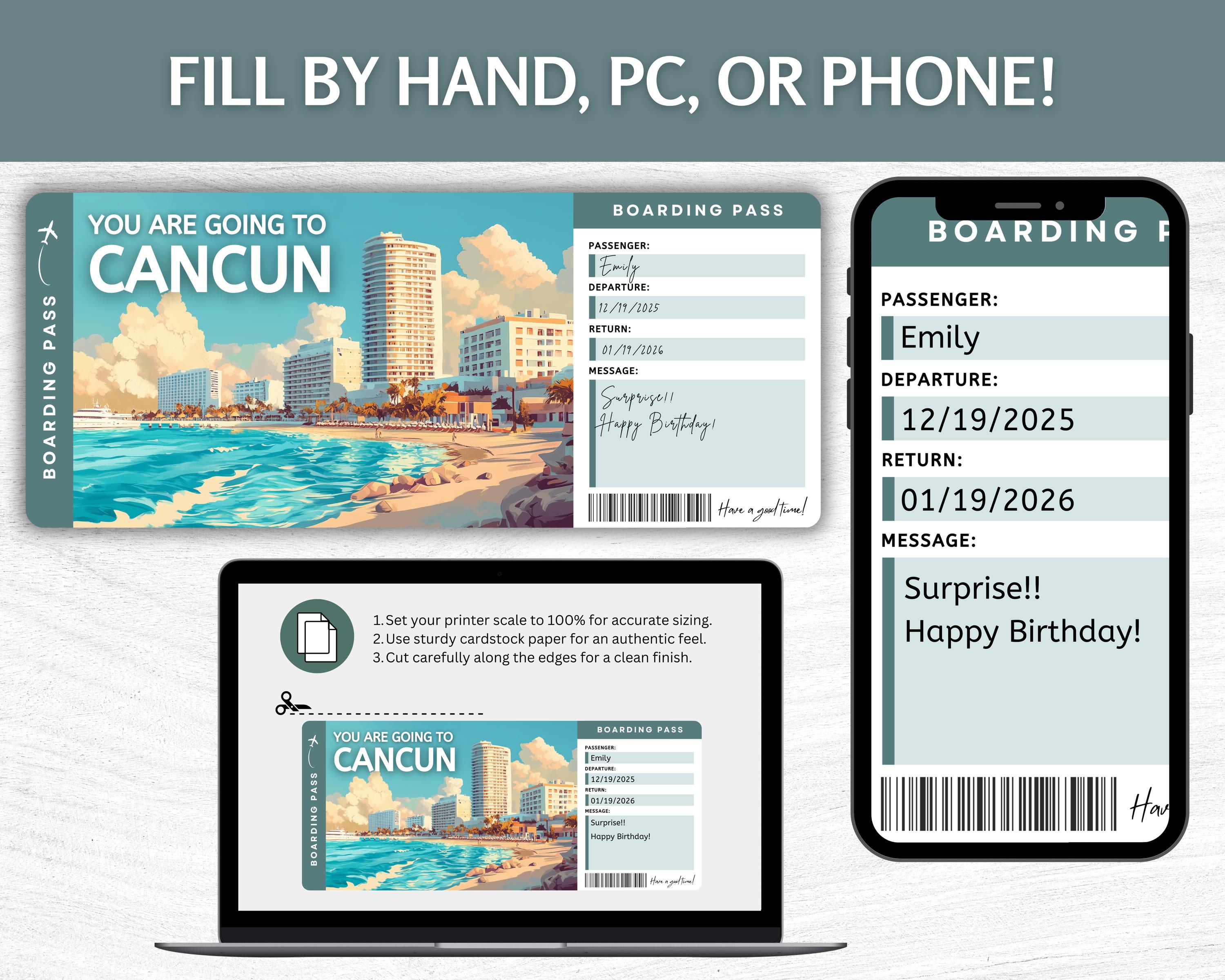 Printable Cancun Surprise Gift Ticket, Editable Mexico Vacation ...