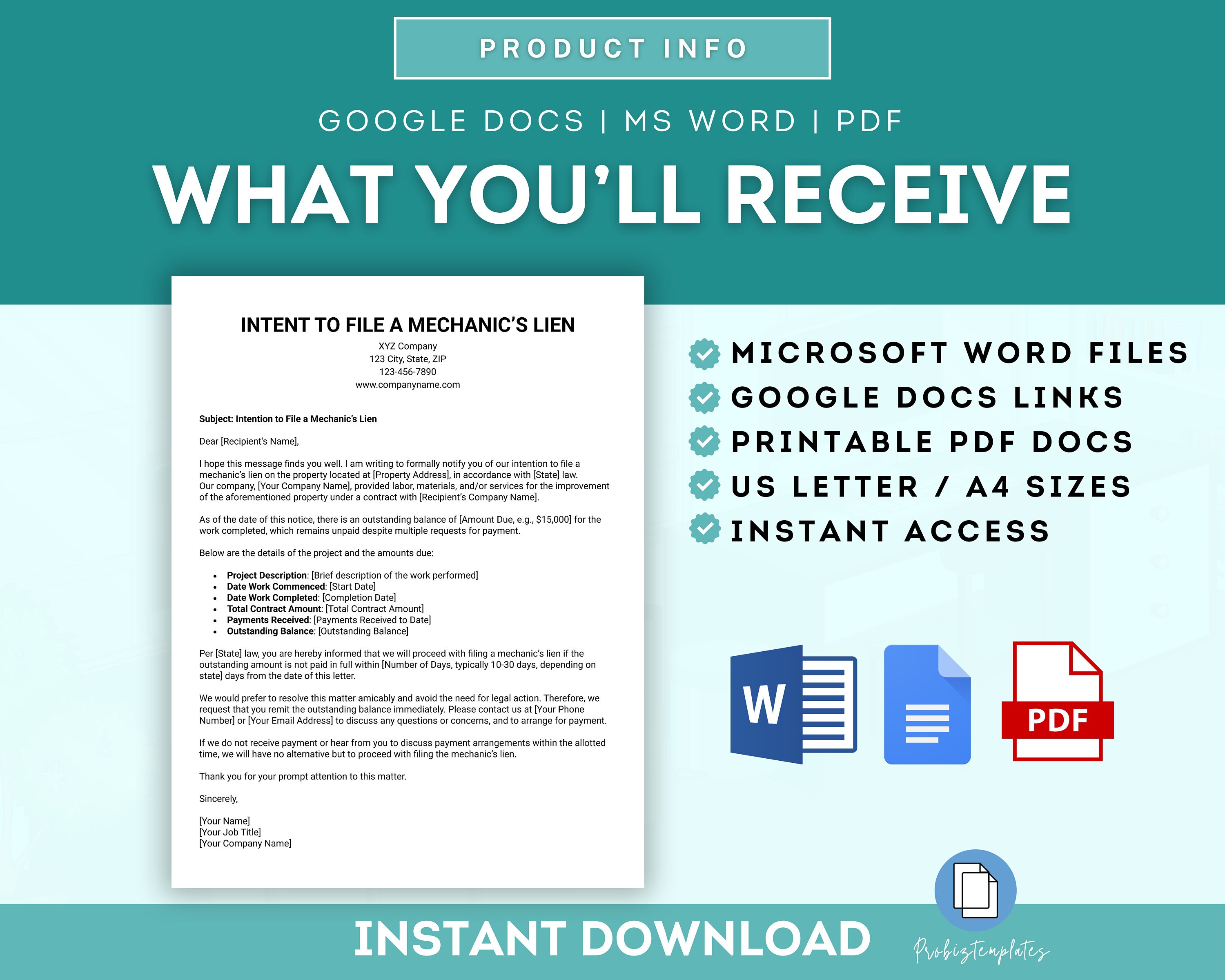 Intention to File a Mechanic's Lien Letter Template, Mechanic's Lien ...
