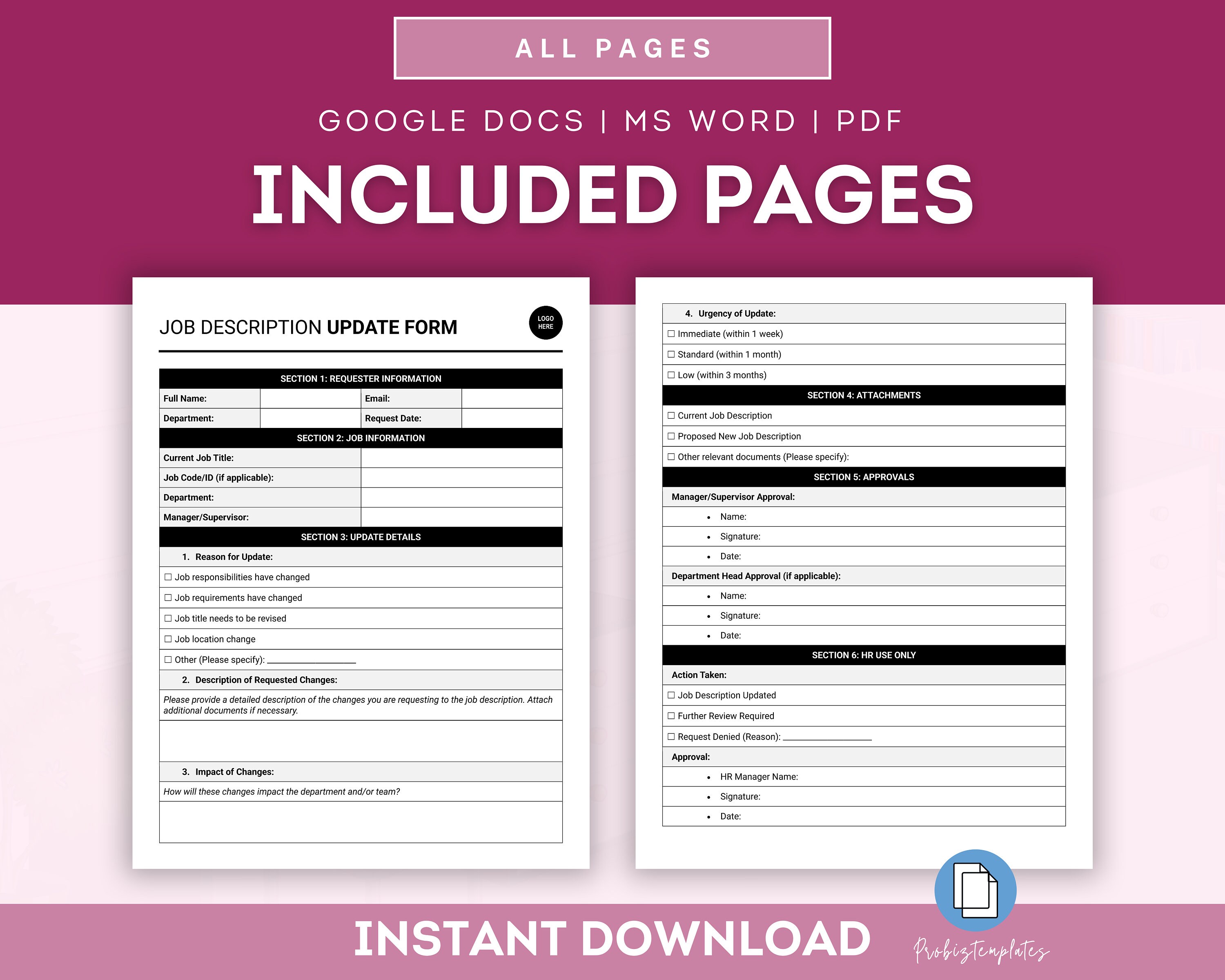 Job Description Update Form Template, Job Role Update Form, Position ...