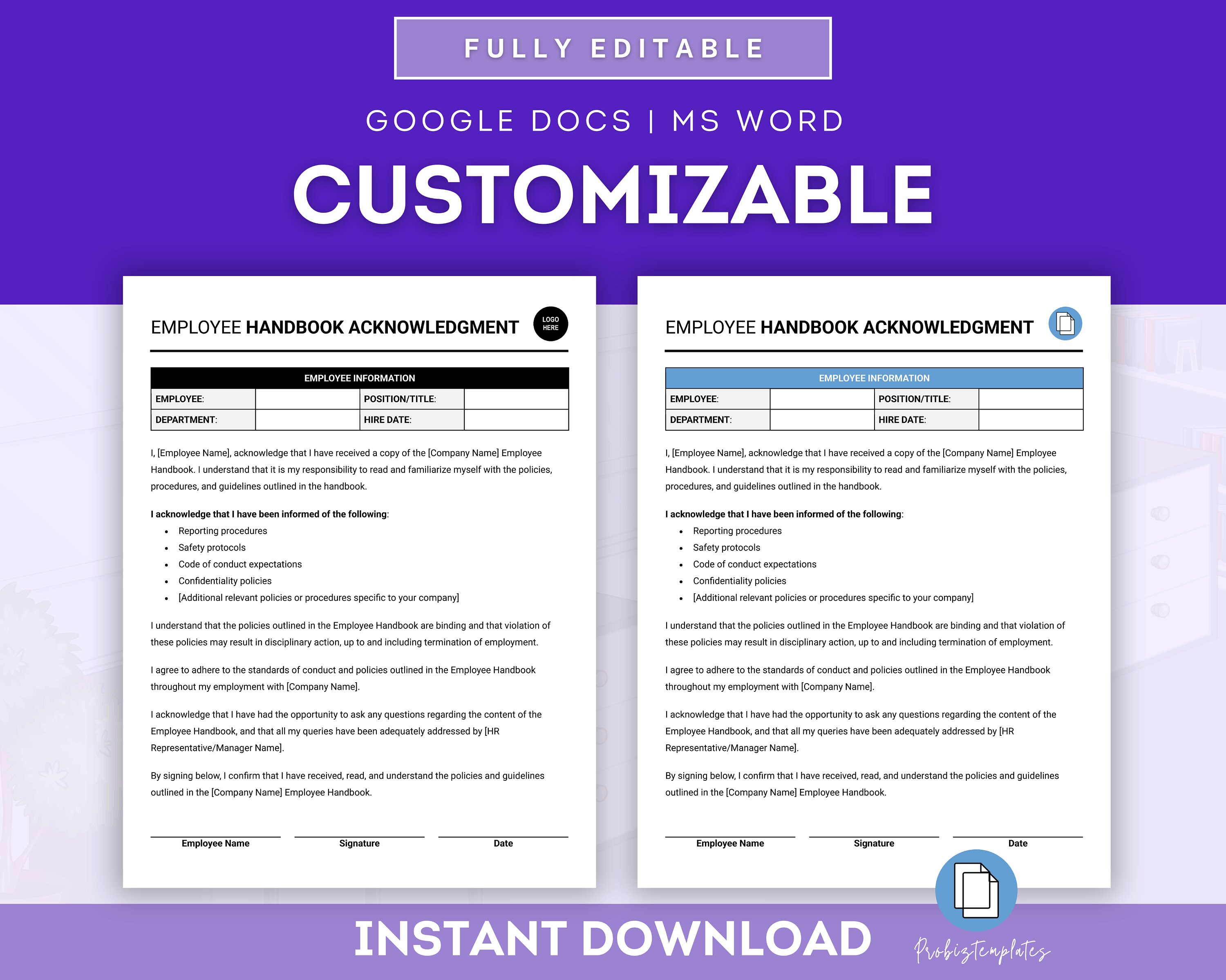 Employee Handbook Acknowledgment Form Template, Employee Handbook ...