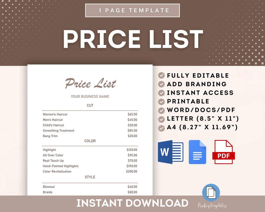 Price List Template, Customizable Product & Service Pricing Sheet ...