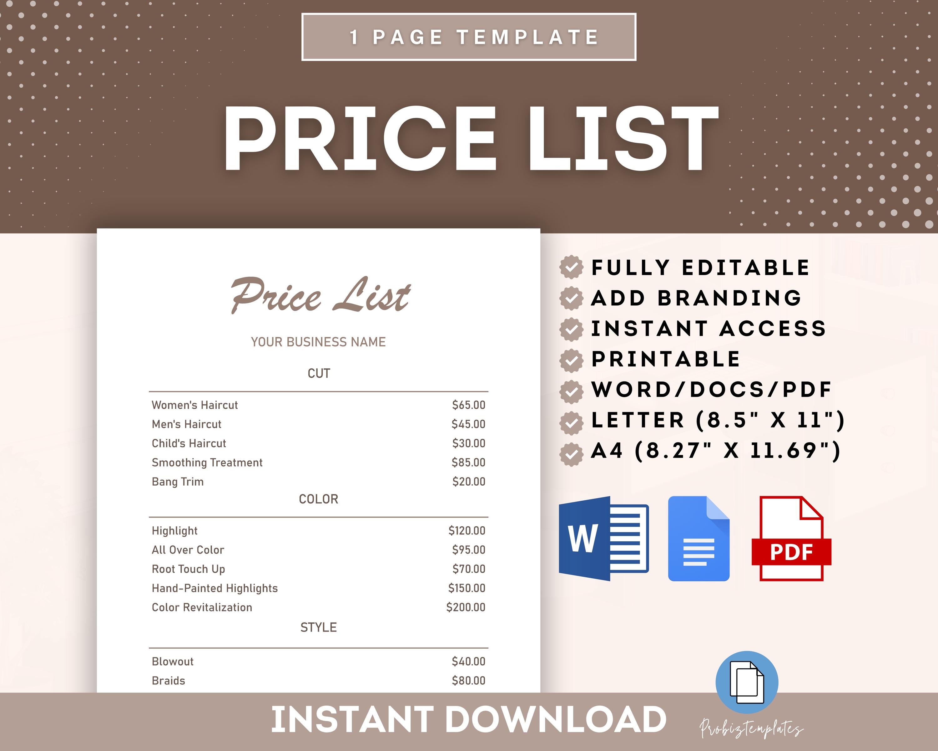 Price List Template, Customizable Product & Service Pricing Sheet ...