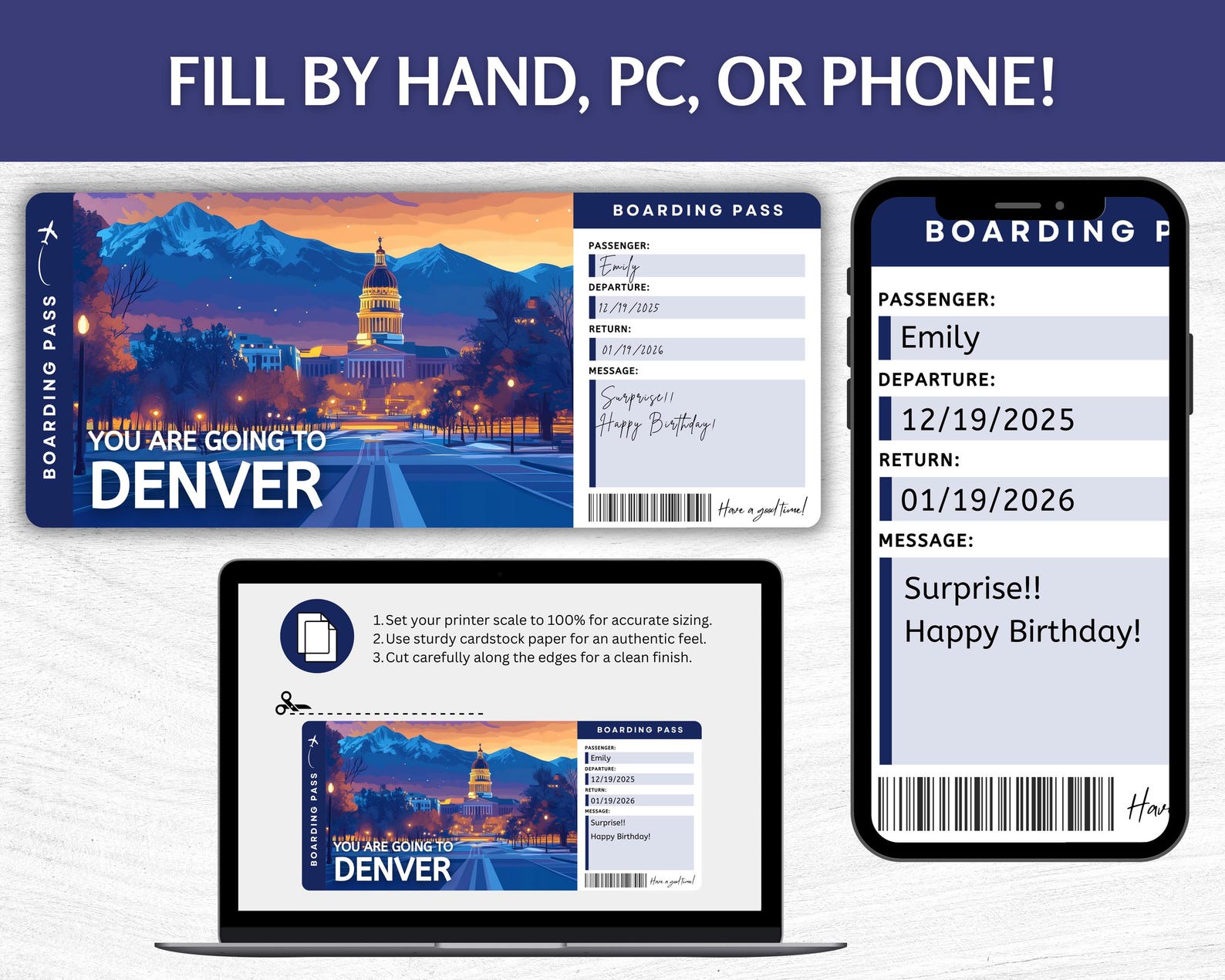 Printable Denver Surprise Gift Ticket, Editable Colorado Vacation ...