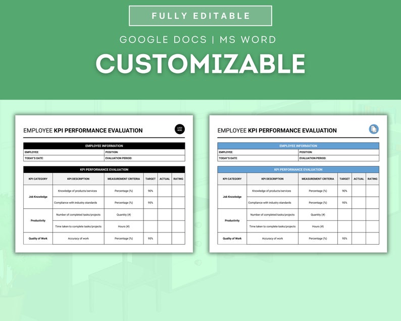 Employee KPI Performance Evaluation Form Template, Performance Metrics ...