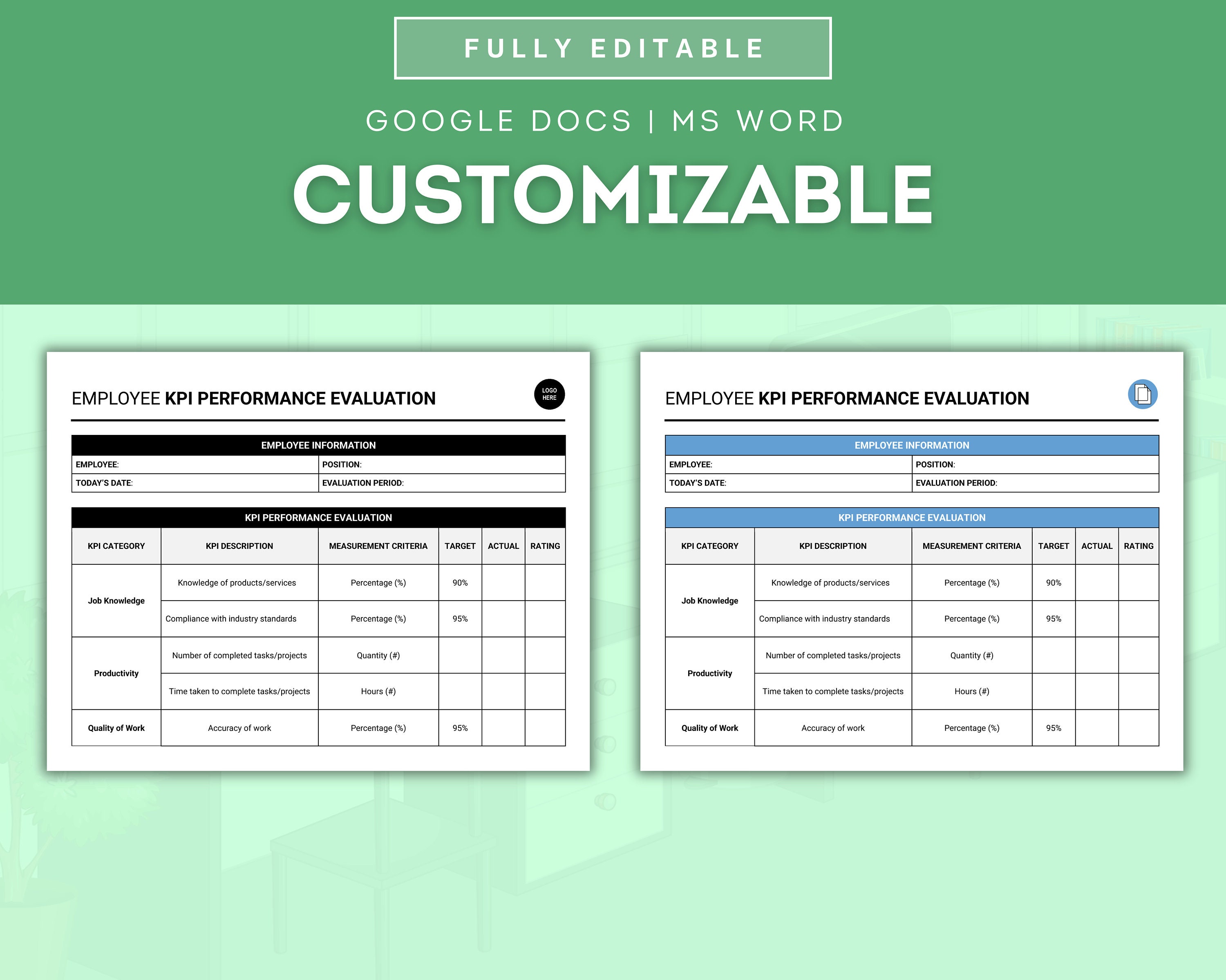 Employee KPI Performance Evaluation Form Template, Performance Metrics ...
