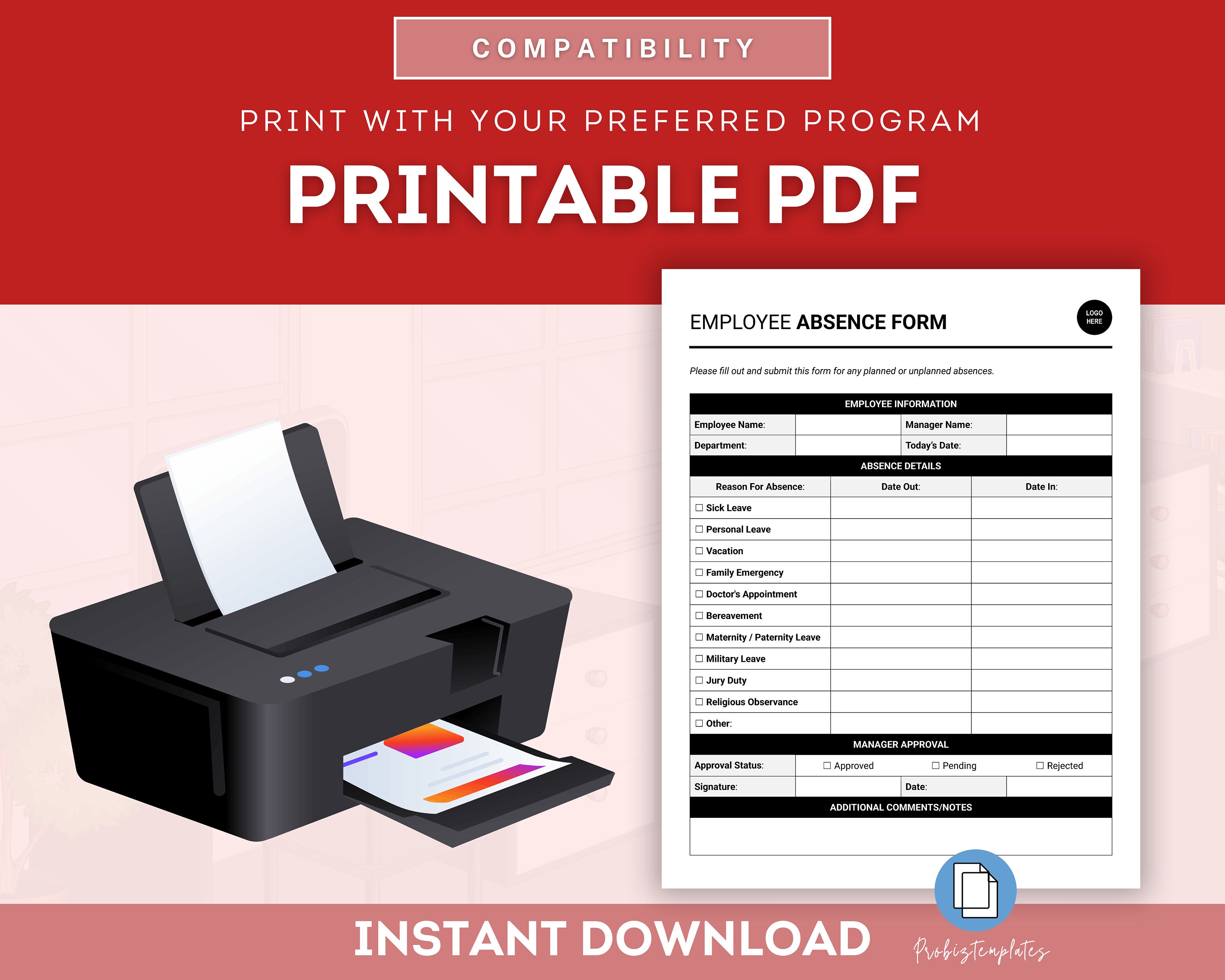 Employee Absence Form Template, Attendance Record Form, Leave Request ...