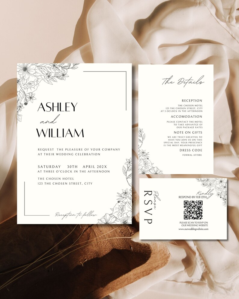 Minimal Wedding Invites, Printable Wedding Invitation With QR Code ...