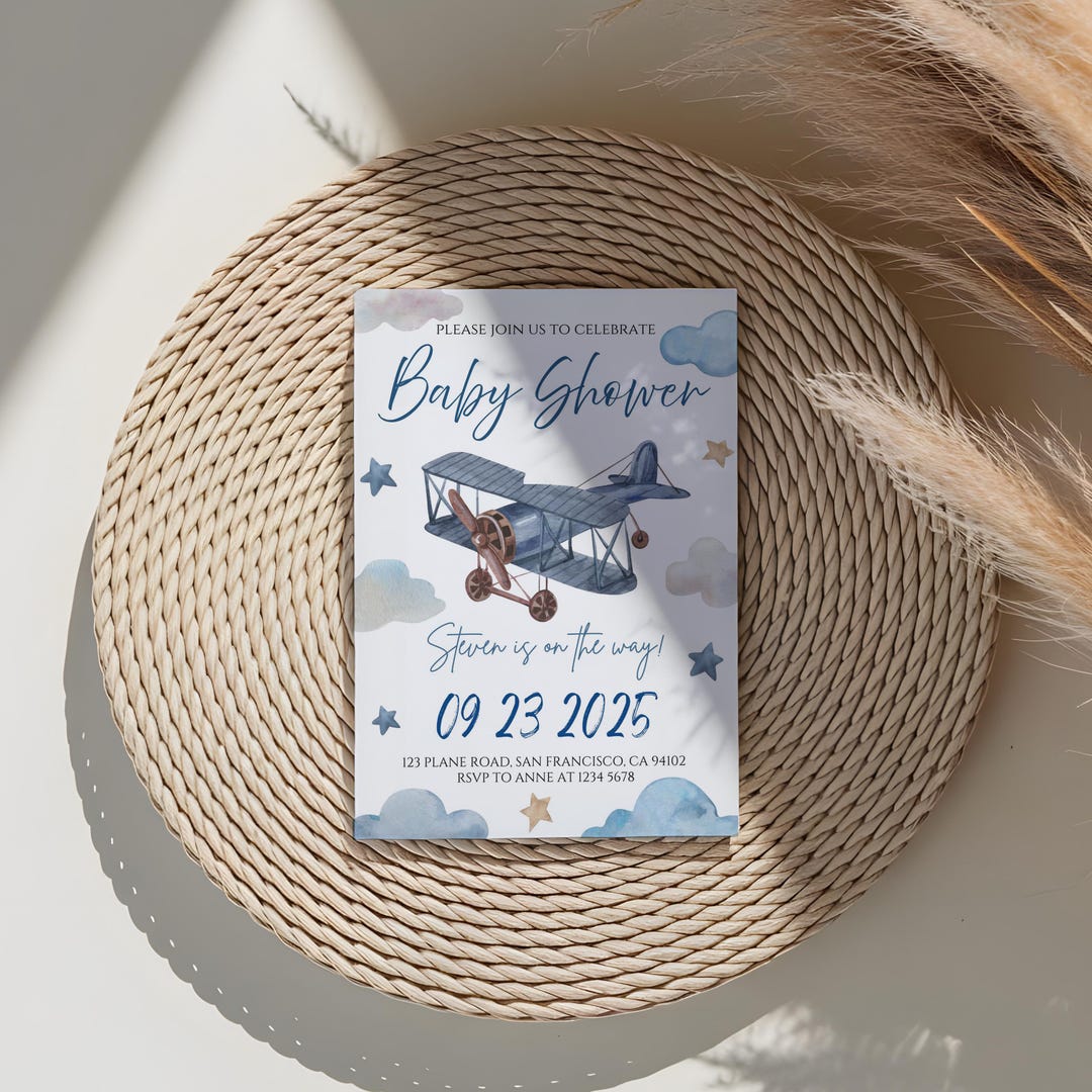 Editable Blue Plane Baby Shower Invitation Template, Clouds Baby Shower ...