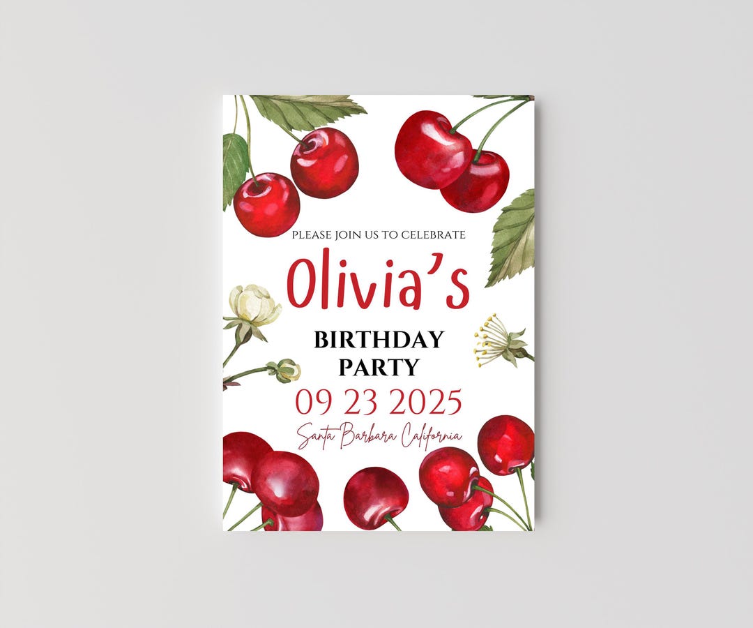 Editable Cherry Birthday Invitation, Cherry Invite, Summer Birthday ...
