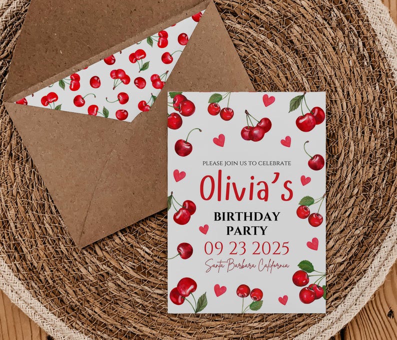 Editable Cherry Birthday Invitation: Watercolor Party Invite (canva ...