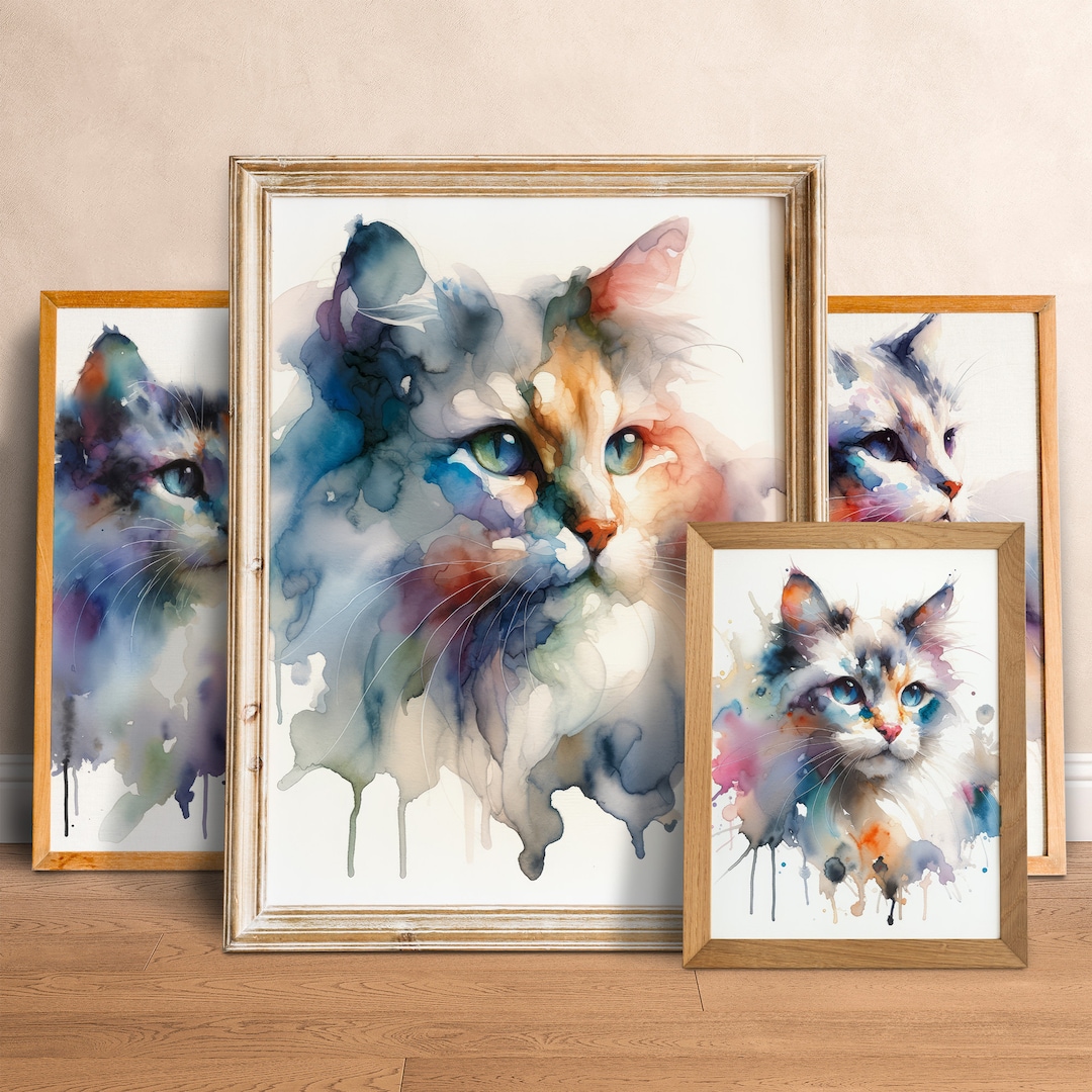 Set of 4 Watercolor Cat Print: Cat Poster, Animal Wall Art, Funny Cat ...