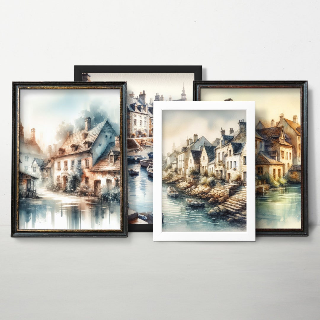 Set of 4 Riverside Town Posters Painting Printable | Urban New Home ...