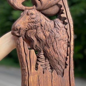 Wooden Moose Decor, Carved Moose Head, Wooden Deer Carving, Handcarved ...