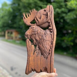 Wooden Moose Decor, Carved Moose Head, Wooden Deer Carving, Handcarved ...