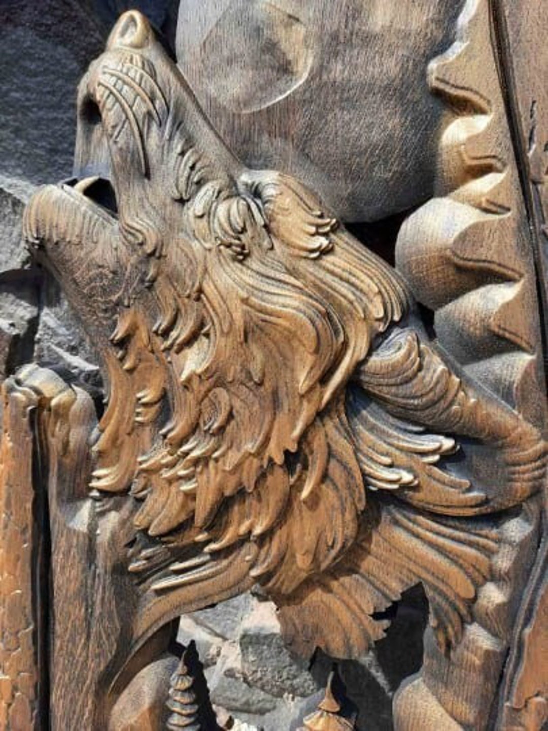 Hand Carved Wolf and Moon Wood Wall Art, Wooden Wolf Carving With Moon ...