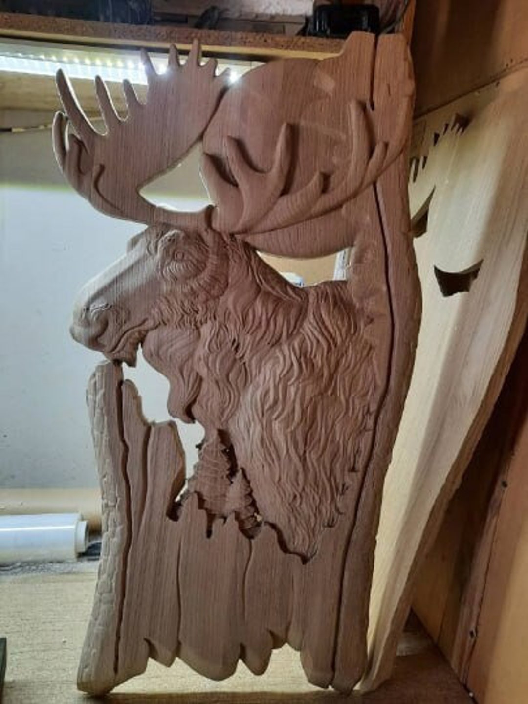 Wooden Moose Decor, Carved Moose Head, Wooden Deer Carving, Handcarved ...