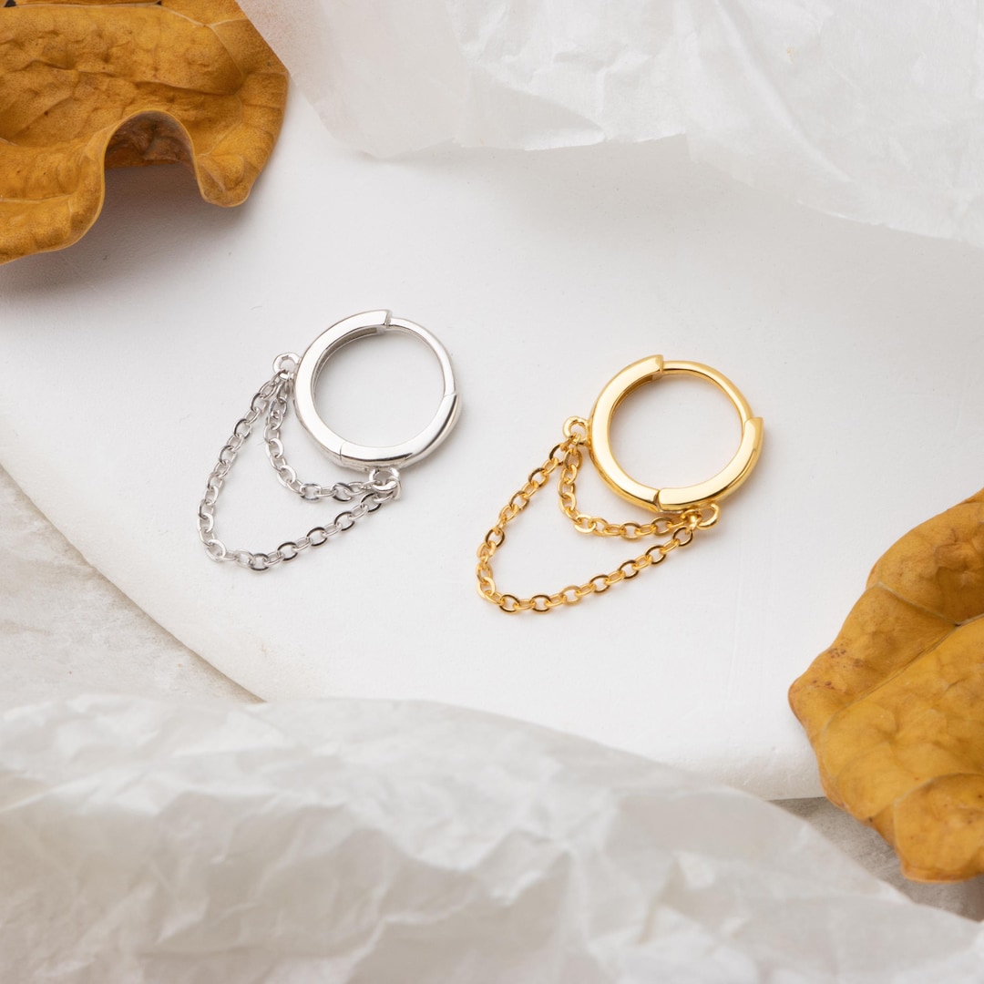 Double Chains Hoop Earring,dangle Chain Hoop Earring,huggie Hoop With ...
