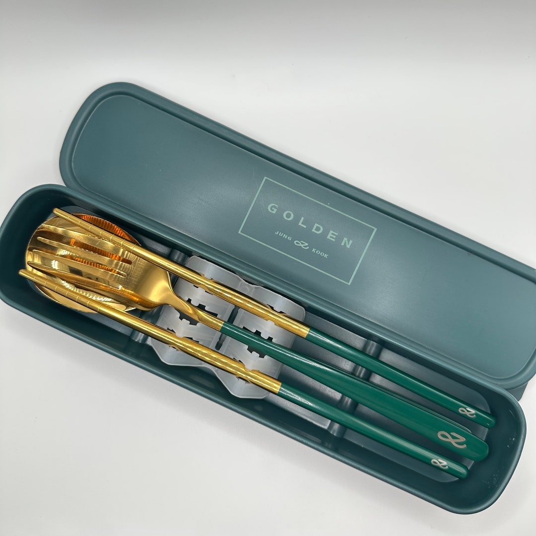 Golden Chopsticks Cutlery Set | Stainless Steel Spoon Fork | BTS ...