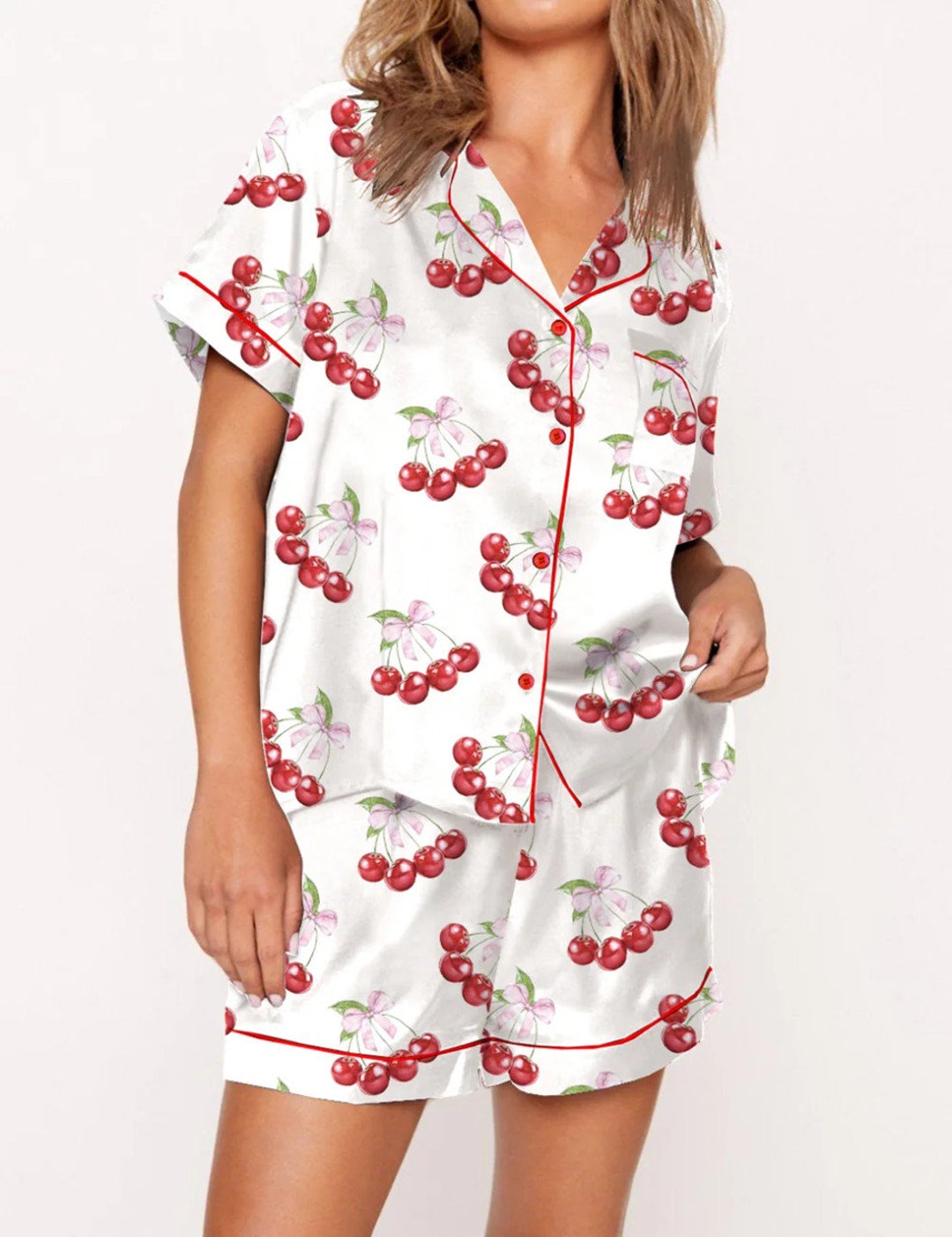Cherry and Bows Pajama Set Cozy Cherry Pajama Warm Long - Etsy