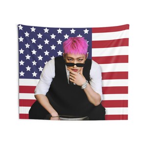 Ateez Mingi Pink Hair America Flag Banner, Ateez Mingi Kpop Flag ...
