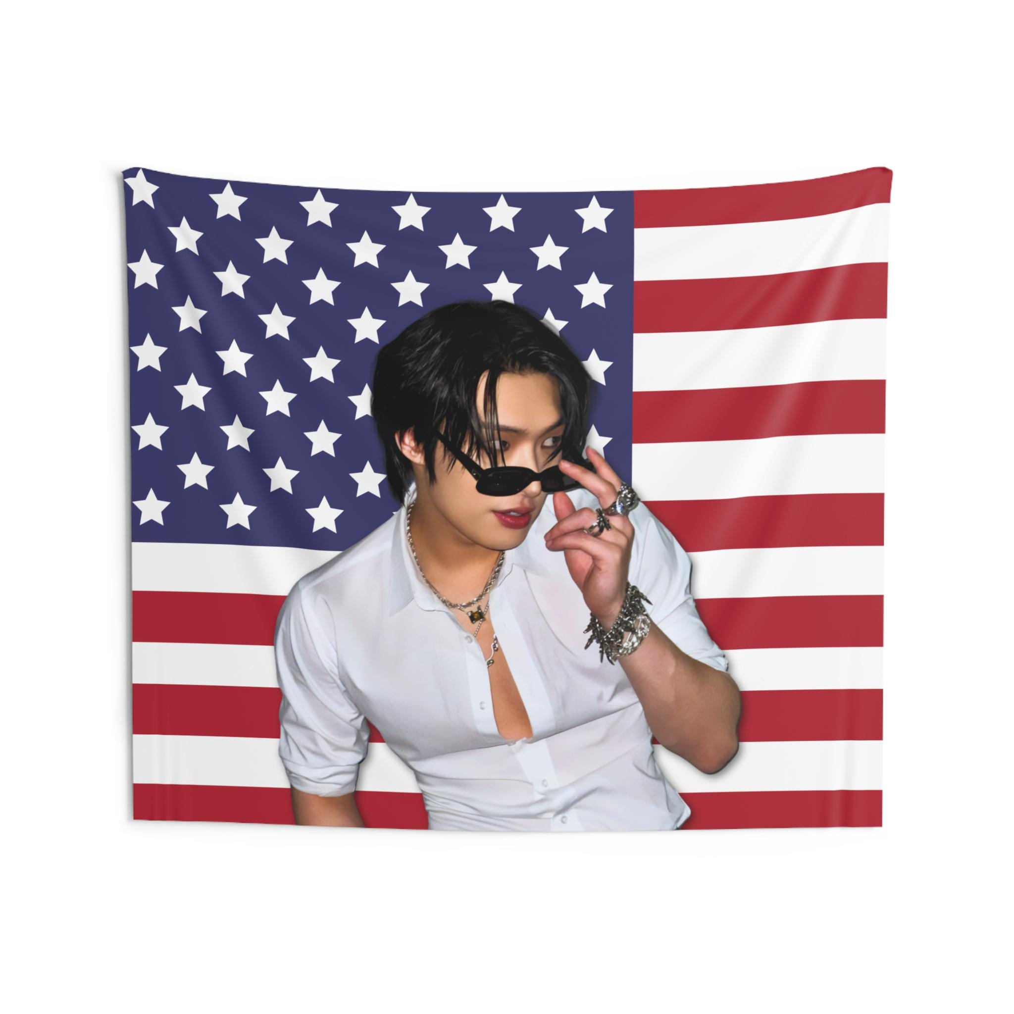 Ateez Mingi White Shirt America Flag Banner, Ateez Members Kpop Flag ...