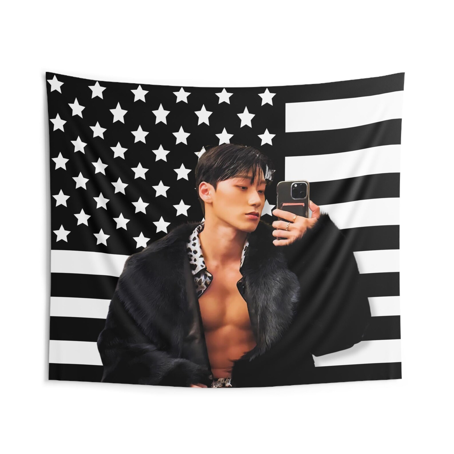 Ateez San Abs Fur Coat America Flag Banner, Ateez Members Kpop Flag ...