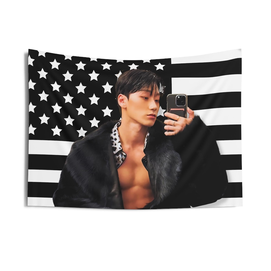 Ateez San Abs Fur Coat America Flag Banner, Ateez Members Kpop Flag ...