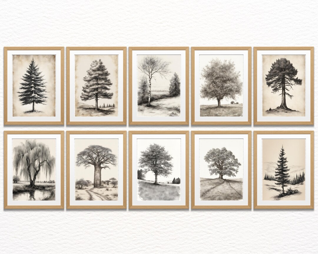 Tree Sketch, Set of 10, Vintage Tree Drawing, Printable Art, Digital ...