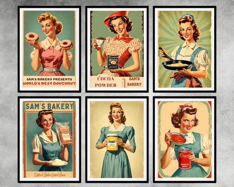 Retro Poster 50s Housewife, Old Advertisement, Set of 6, Digital ...