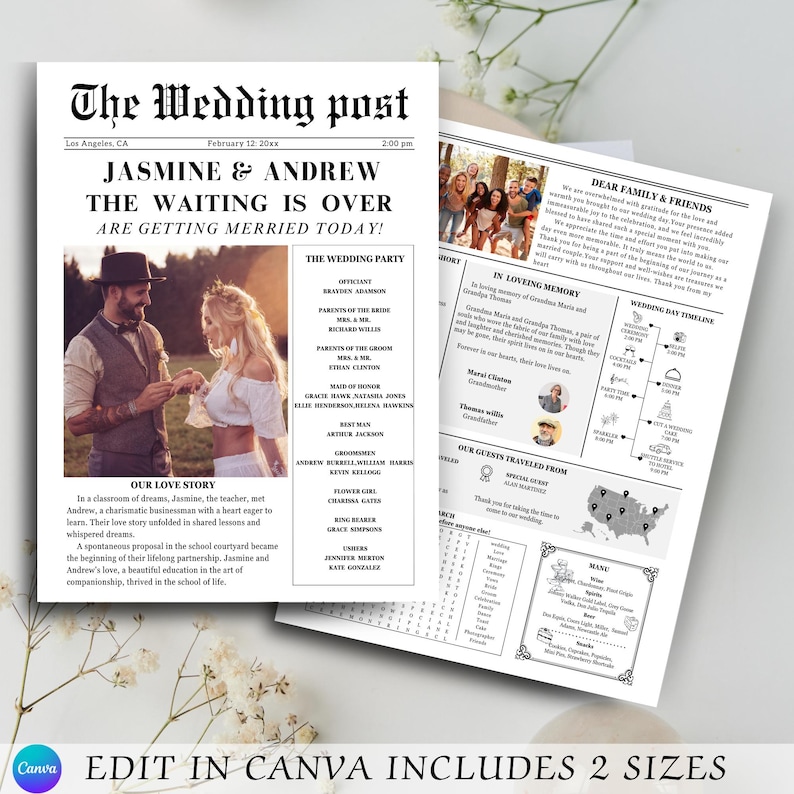 Newspaper Wedding Template,editable Wedding Newspaper Program,canva ...
