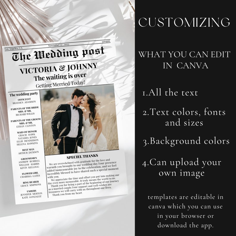 Newspaper Wedding Template,editable Wedding Newspaper Program,canva ...