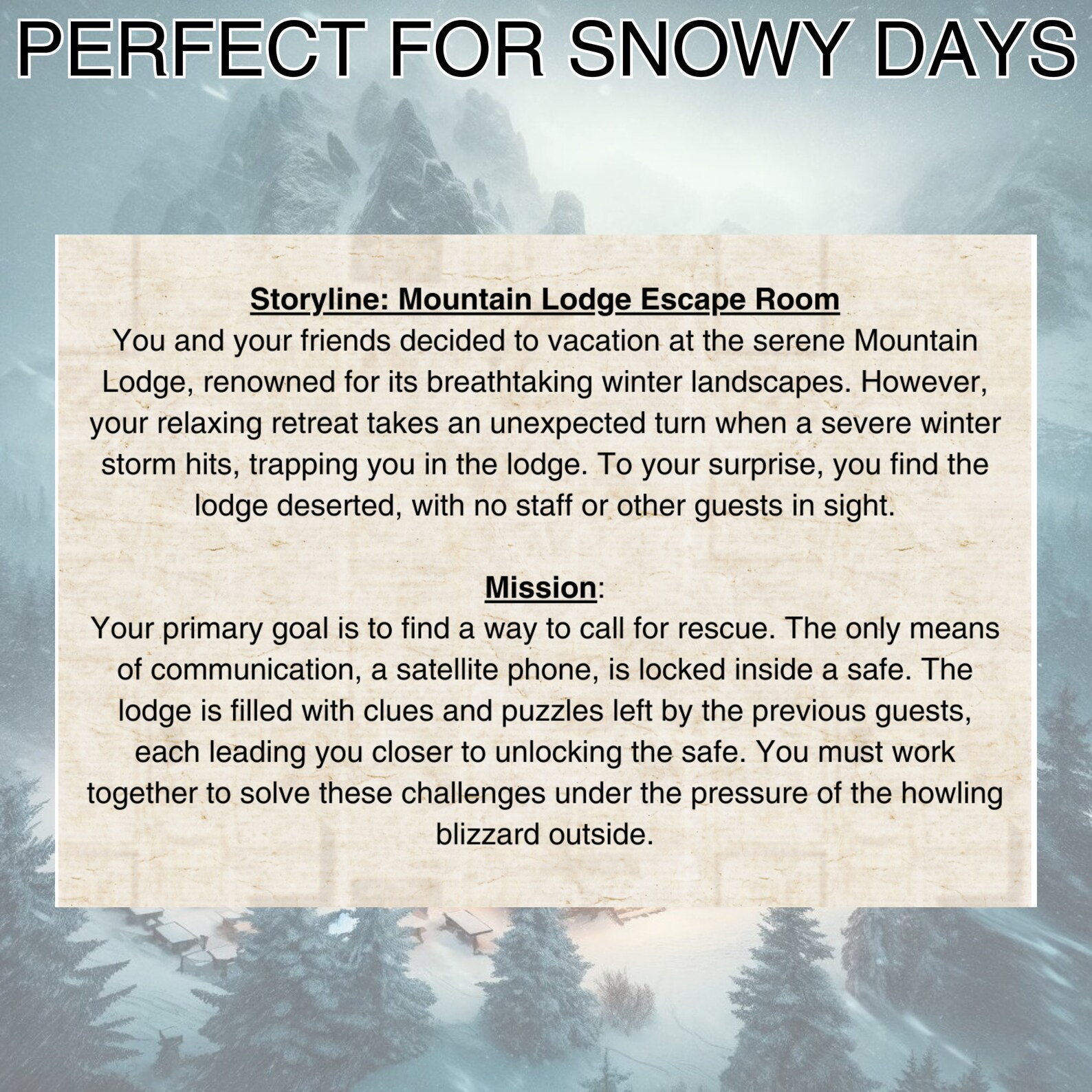 Mountain Lodge Escape Room Snowed in Escape Room Instant Download ...