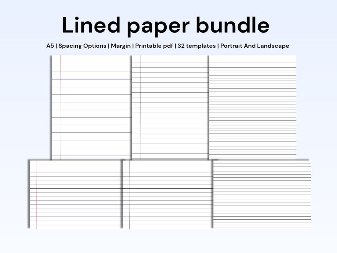 A5 Lined Paper Bundle, Spacing Options, Margin and Colour Options ...