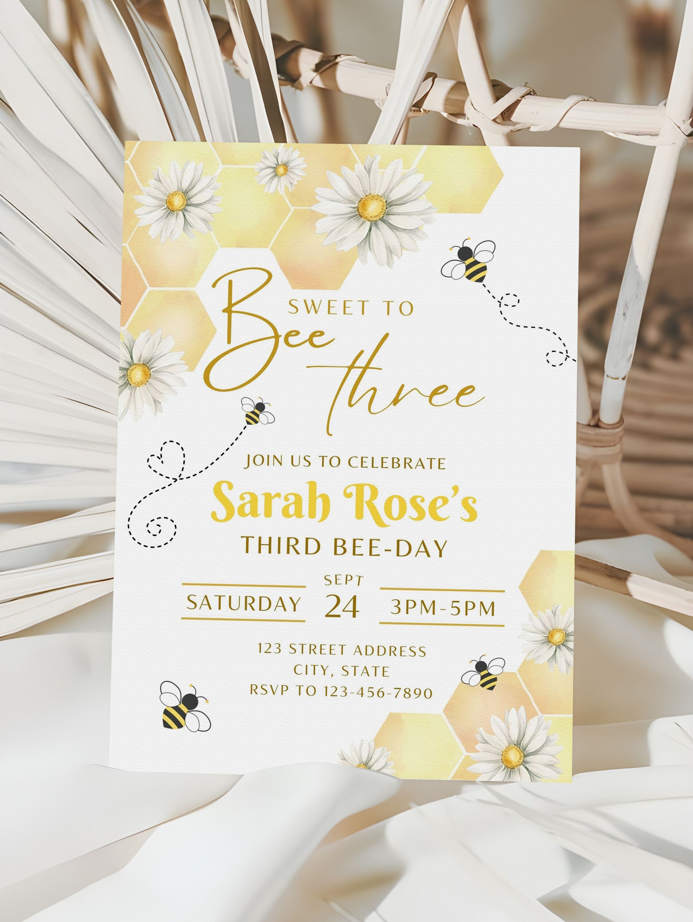 Editable 3rd Bee Birthday Invitation, Honey Bee Birthday Invite ...