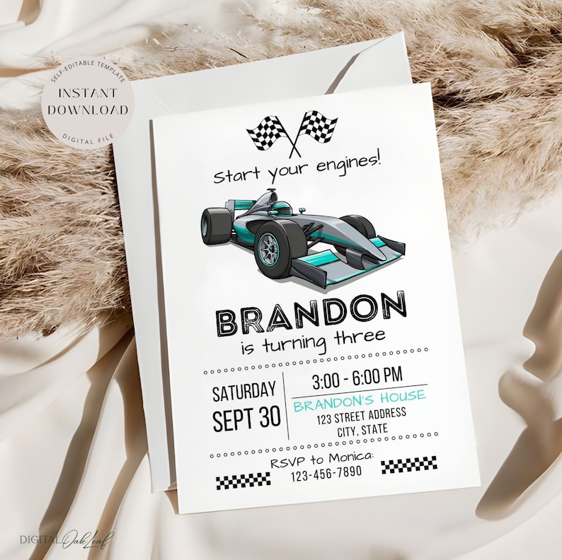 Racing Car Birthday Invitation Template, Green Race Car Party Invite ...