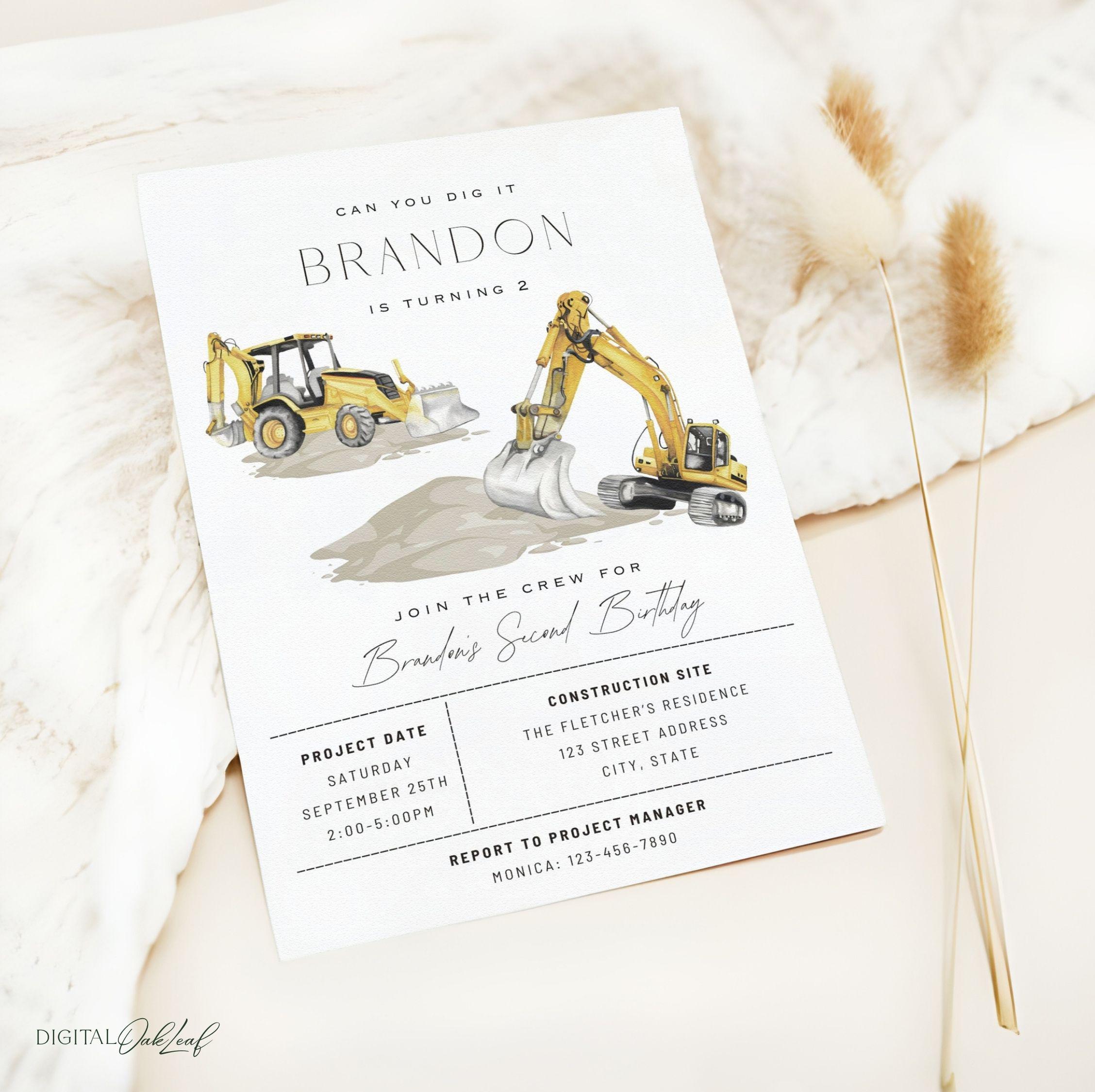 Construction Birthday Invitation, Editable Excavator Template ...