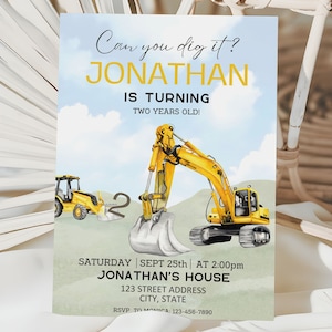 Editable Excavator Birthday Invitation Template, Boys Construction ...